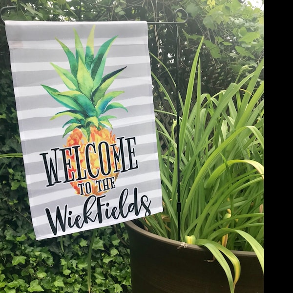 Personalized Pineapple Garden Flag - Black and White Stripe Welcome ...