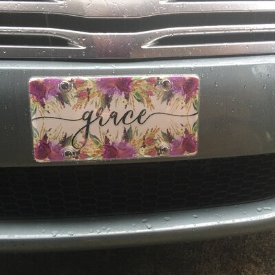Purple Floral Faux Gold Glitter Monogrammed License Plate, License ...