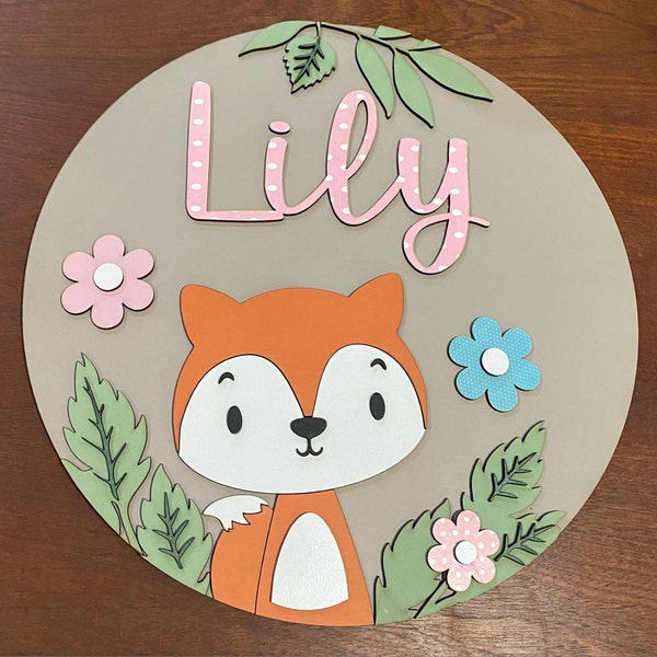 Fox Baby Name Sign SVG, Forest Animals Round Nursery Name Sign Laser ...