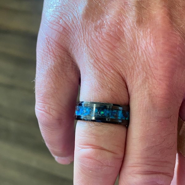 Black Ceramic Glow Wedding Ring, Authentic Meteorite Band, Blue Opal ...