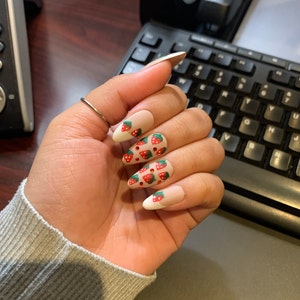 STRAWBERRY CHEESECAKE Set Luxury Press on Nails Handpainted Nails Glue ...