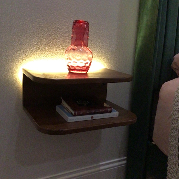 Modern Floating Nightstand With LED Light, Wooden Bedside Wall Shelf ...