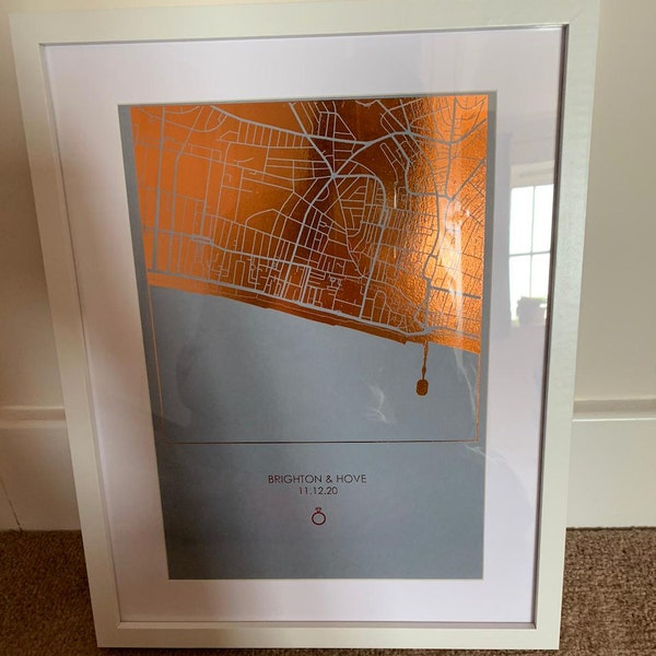 A4 Custom Foil Map Print of Any Location, Personalised Copper, Gold ...