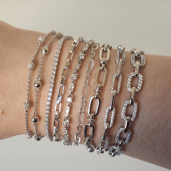 Two Bracelets Set, Tennis Bracelet and Paperclip Bracelet Set, Two ...