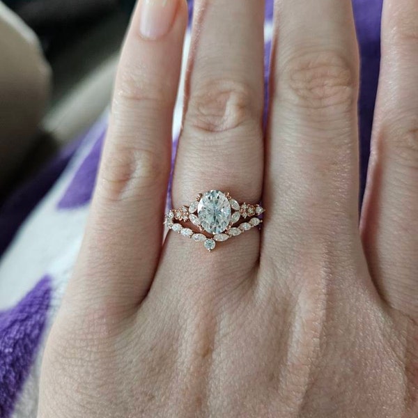 Vintage Oval Cut Moissanite Ring Set, 14K Engagement Ring for Women, Unique Floral Ring, Art ...