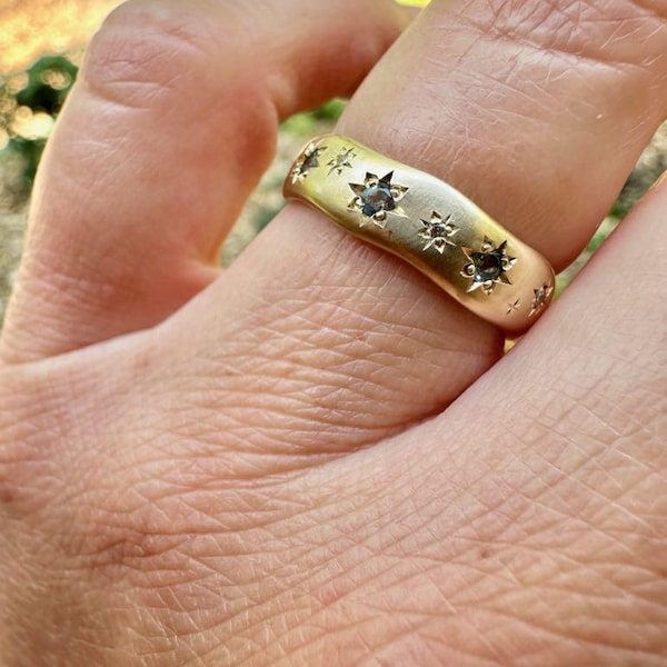 Star Set 10 Diamond Wedding Band: Recycled Gold Celestial Eternity Ring ...