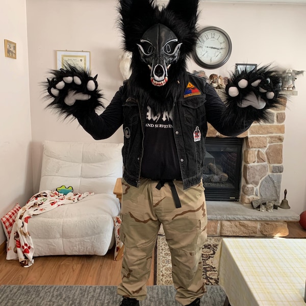 Shaman Fursuit Head Premade, Tribal Bone Mask With Feathers, Faux Fur ...