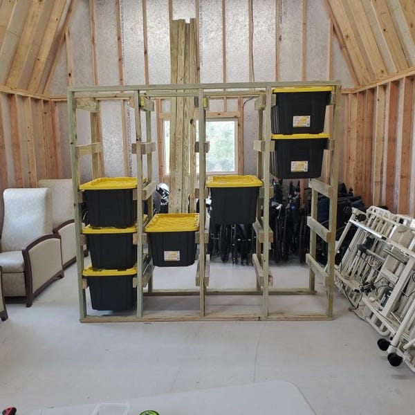 Tote Storage Rack, DIY Plans, 27 Gallon Tote Storage, 17 Gallon Tote ...