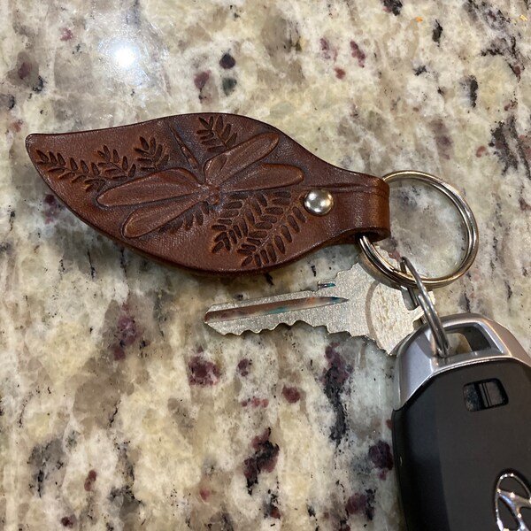 Leaf Leather Key Ring Key Fob, Tooled Leaf Design Key Chain, Leather ...