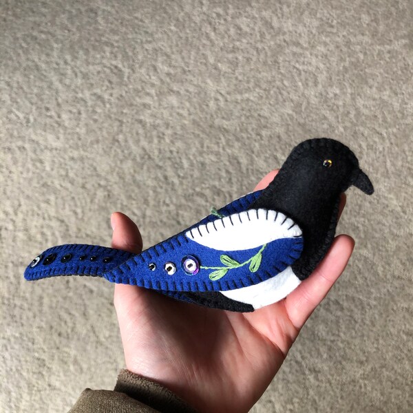 Black-billed Magpie Ornament, Blue Folk Art Magpie,wool Felt Magpie ...