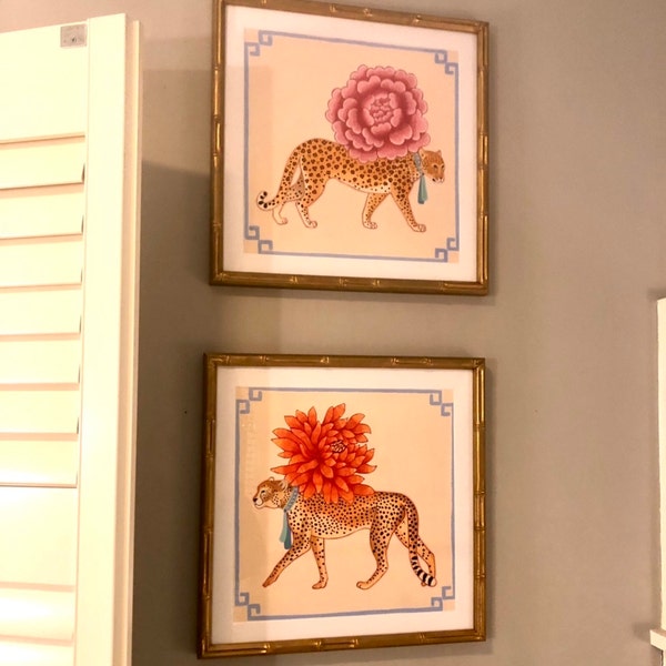 Two Art Prints Chinoiserie Cheetah and Leopard With Asian Peony and ...