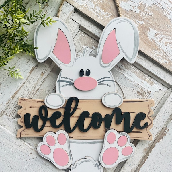 Easter Bunny Welcome Sign SVG Laser Cut Files: Spring Door Hanger SVG ...