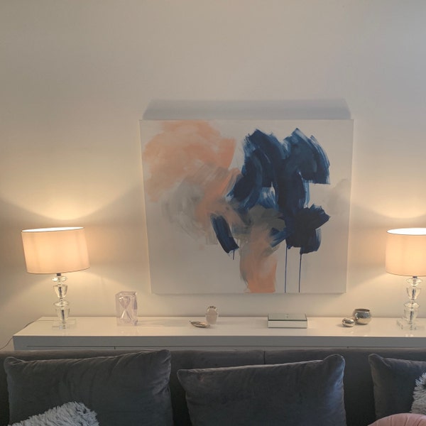Original Handmade Abstract Painting Large Modern Wall Art Grey & Blue ...