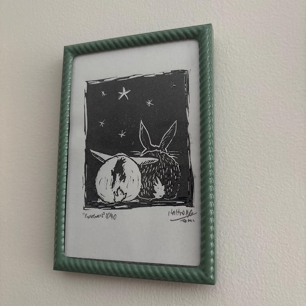 Handmade Linocut Print on Wood Rabbit Hare Decoration With Copper Stars ...