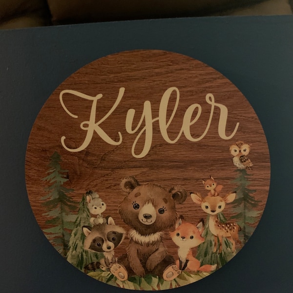 Woodland Animal Name Sign, Woodland Nursery Baby Sign, Round Wood Name ...