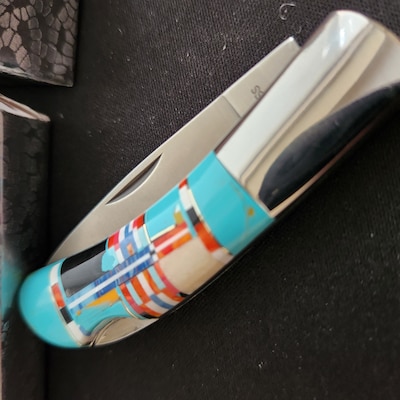 Southwestern Inlay Knife With Leather Sheath Turquoise Inlay With Multi ...