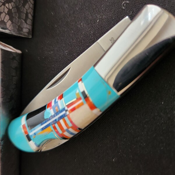 Southwestern Inlay Knife With Leather Sheath - Turquoise Inlay With ...