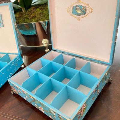 Blue Tea Box, Storage Box Chinoiserie Birds, Tea Bag Holder, Desk ...
