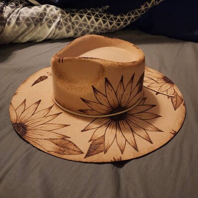 Becky: Triple Sunflowers. Made to Order Handcrafted Burned Wide Brim Hat. Burned Hat, Cowboy Hat ...