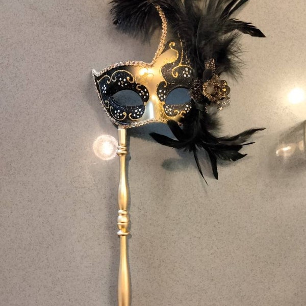 Carnival Costume Black Gold Jester Feather Handle Harlequin Masquerade ...