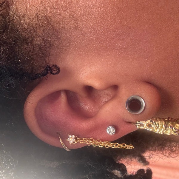 16g Dainty Flower Helix Double Chain Ear Stud, Flat Back Chain Hoop ...