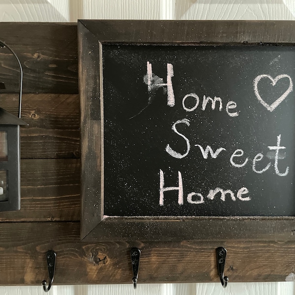 Rustic Wood Chalkboard Key Holder, Farmhouse Message Board With Lantern ...