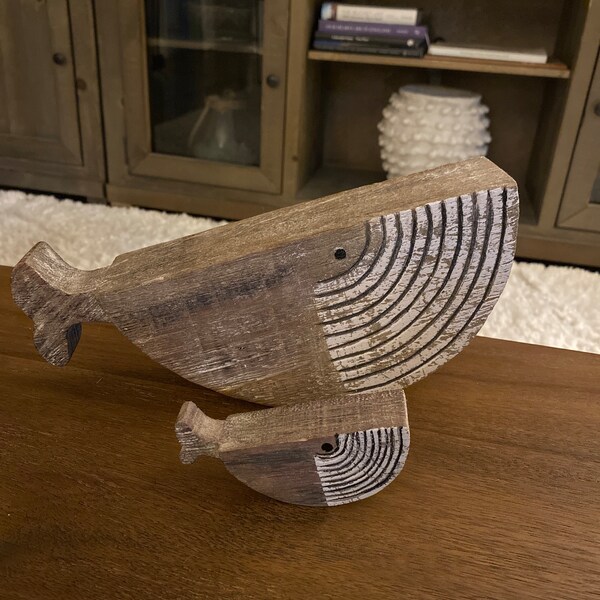 Wooden Carved Whales / Set of 2 / Rustic Coastal Decor / Mother and ...