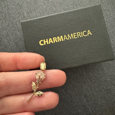 Gold Long Stem Double Rose Charm With Optional Chain 10 Karat Solid ...