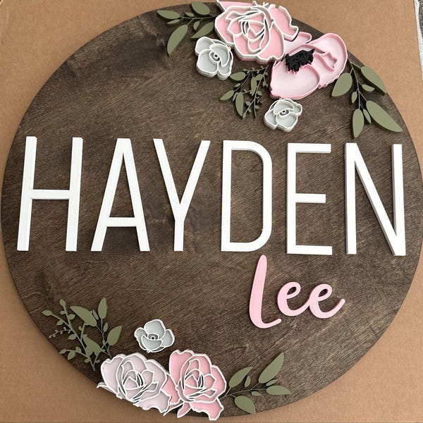 3D Round Circle Boho Wood Name Sign Girls Room Nursery Floral Flowers ...
