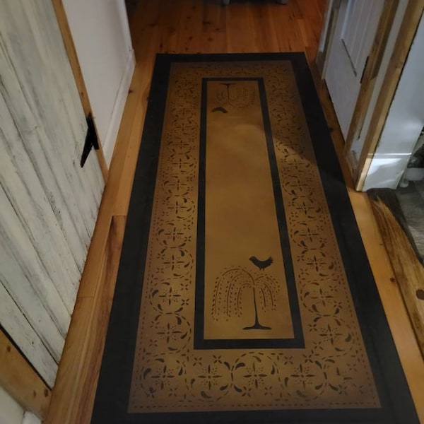 Early American Floorcloth Area Rug. Primitive Floor Cloth. Bird in ...