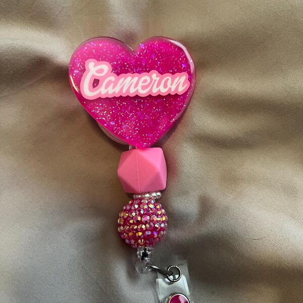 Hot Pink Heart Badge Reel | Beaded Glitter Badge Reel | Personalized ...