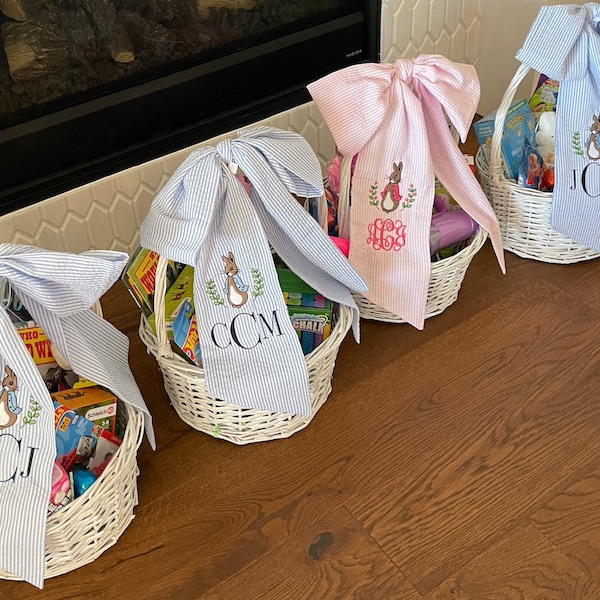 Monogrammed Easter Basket Bow, Personalized Easter Basket Sash, Embroidered Bunny Basket Gingham ...