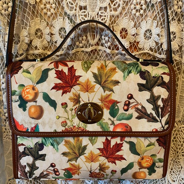 Autumn Cottagecore Boho Canvas Satchel Bag, Vintage Fall Leaves and ...