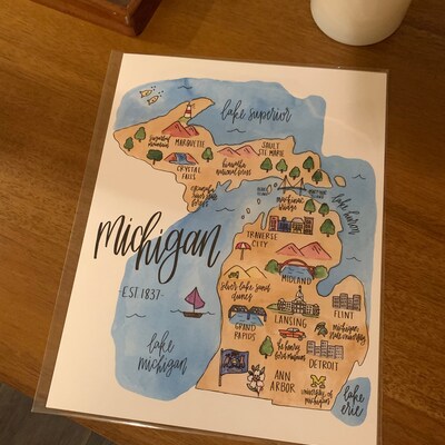 Michigan Illustrated Watercolor State Map Print FREE SHIPPING, Michigan ...