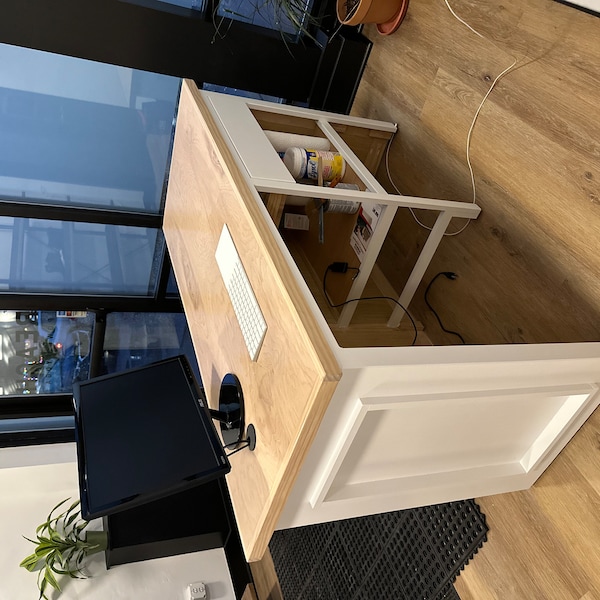 Vertical Oak Wood Slats Counter, Wood Retail Counter With One Shelf ...