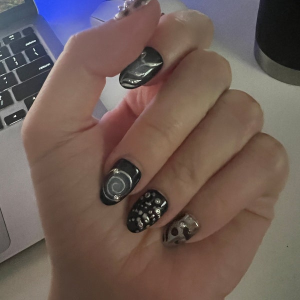 Cool Gothic-inspired Press on Nails | Goth Dark Blue Almond Nails | 3D ...