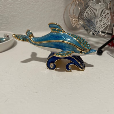 Bejeweled blue Dolphin 3 Hinged Metal Enameled Rhinestone Trinket Box ...