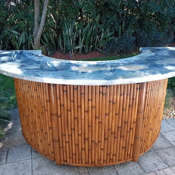 Round Bamboo Tiki Bar With Epoxy Resin Art Bar Top, Storage, Lights ...