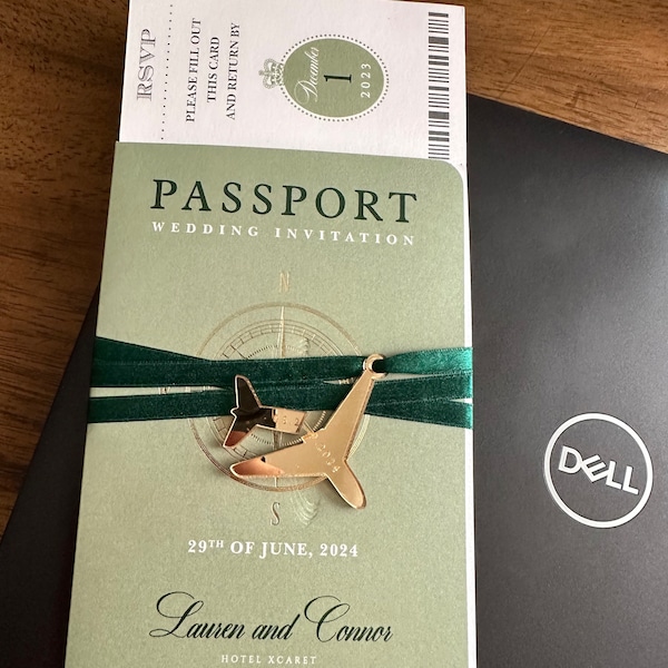 Sage Green Passport Wedding Invitation Luxury Engraved Plane In Gold 9291