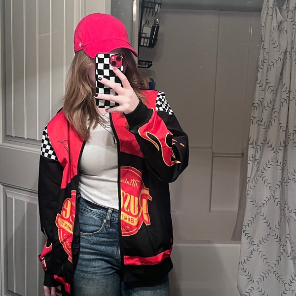 Vintage Lightning Mcqueen 95 Fleece Bomber Jacket, Rust-eze Cars Piston ...