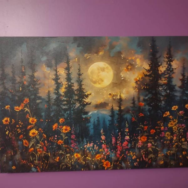 Full Moon Pine Tree Forest Canvas Painting, Moonlit Forest Canvas ...