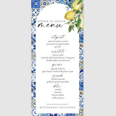 ALICIA Blue Tiles and Lemons Wedding Menu Template, Editable ...