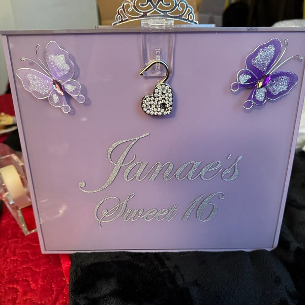 Custom Sweet 16 Money Card Box Real Flowers Engraved Text Lock and Key ...