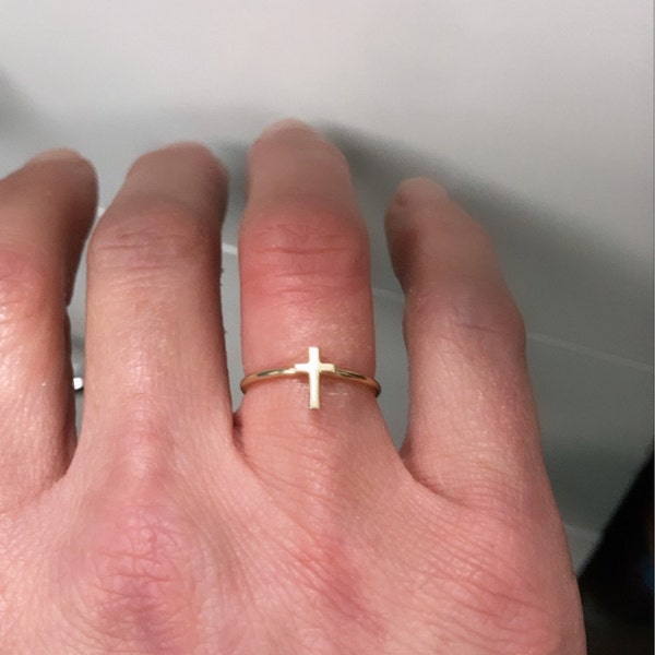14K Solid Gold Tiny Cross Ring, 18K Solid Gold Dainty and Cute Cross ...