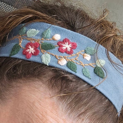 Floral Hand Embroidered Linen Headband. Handmade Black Hairband With ...