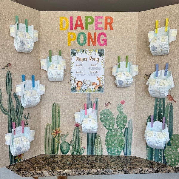 Diaper Pong Game, Jungle Baby Shower Diaper Pong Game Sign, Jungle Baby ...