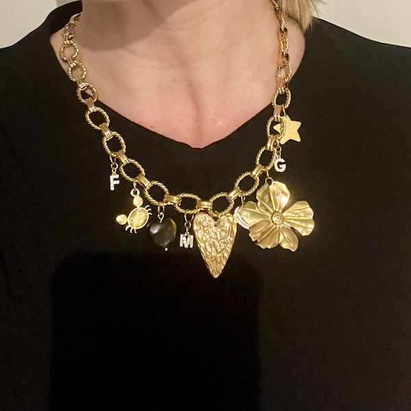 Chunky Charm Necklace, Custom Charm Necklace, Gold Vintage Charm ...