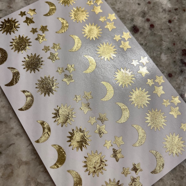 Sun Moon and Stars Sticker Sheet, Set of Small Metallic Gold Vinyl ...