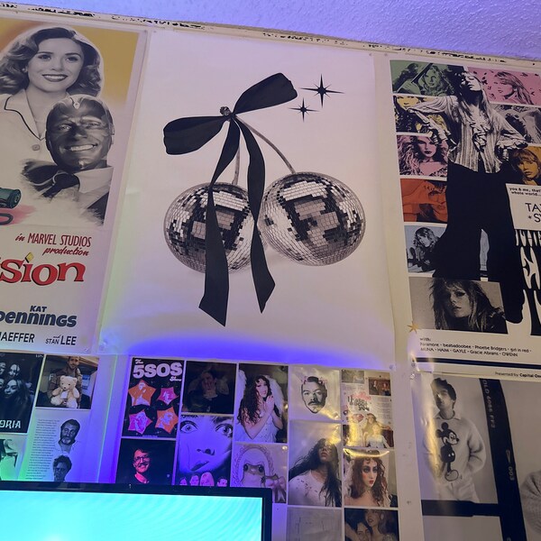 Cherry Disco With Bow Coquette Retro Wall Art Balletcore Ribbon Cherry ...