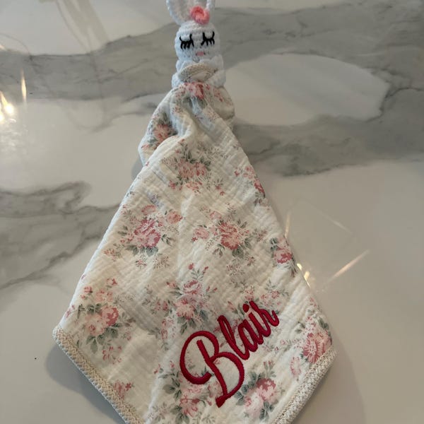 Personalized Name Baby Blanket Lovey Set: Crochet Animal, Muslin ...